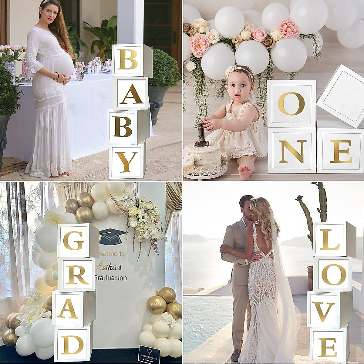 Baby Shower Boxes Party Decorations - 4pcs Stereoscopic White Baby Balloon Boxes with Gold Baby+A-Z Letters,Baby Party Boxes Baby Blocks for Teddy Bear Baby Shower,Boy Girl 1st Birthday Party Backdrop