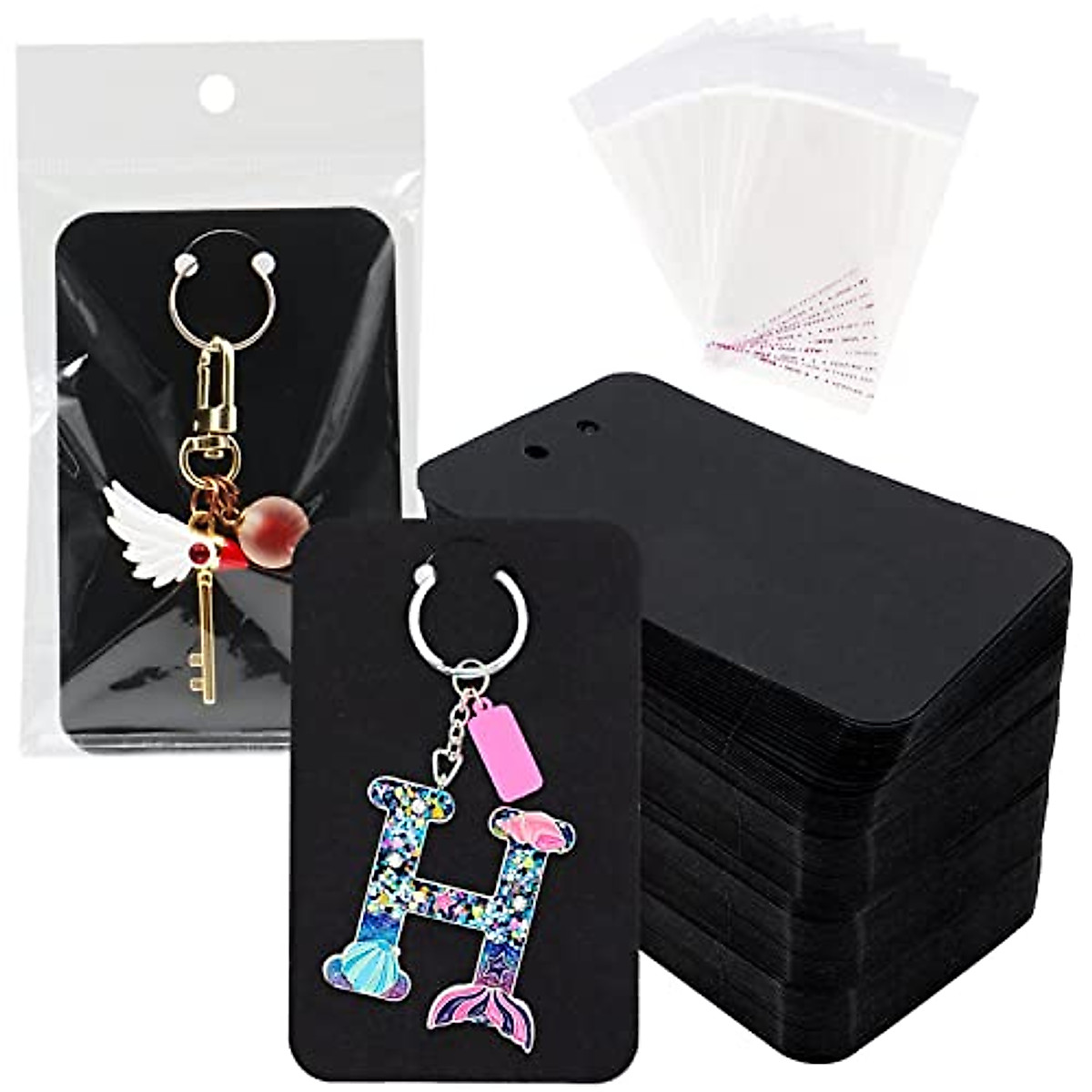 ZYNERY 100 PCS Keychain Display Cards, 3 x 4.7 Inch Keychain Holder with Self-Sealing Bags, Card Display Rack for Displaying Keyring Jewelry Bulk Keychains Packaging Supplies (Black)