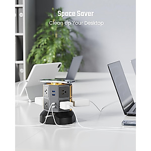 SUPERDANNY Power Strip Tower with 15W Wireless Charger, 6.5Ft Retractable Extension Cord, 1050J Surge Protector, Desktop Charging Station with 8 Outlets 4 USB Ports(2 USB C) for Home, Office, Garage