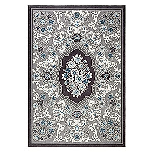 Antep Rugs Alfombras Non-Skid (Non-Slip) 5x7 Rubber Backing Modern Floral Low Profile Pile Indoor Area Rugs (Gray, 5' x 7')