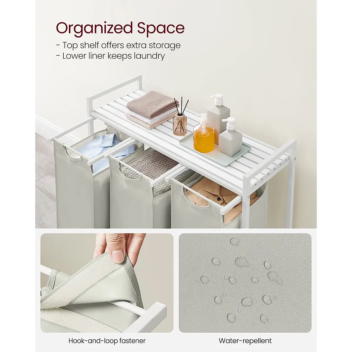 VASAGLE Laundry Hamper, Laundry Basket, Laundry Sorter with 3 Pull-Out and Removable Bags, Shelf, Metal Frame, 3 x 10 Gallons (38L), 36.4 x 13 x 28.4 Inches, White UBLH301W01