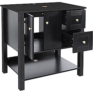 eclife 32" Bathroom Vanity Sink Combo Black Cabinet Vanity Brown Round Tempered Glass Vessel Sink & 1.5 GPM Water Save Faucet & Solid Brass Pop Up Drain (A09 V004)