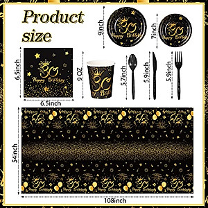 170 Pieces 30th Birthday Party Supplies Disposable Party Dinnerware Set with Plates Napkins Cups Banner 30th Birthday Tablecloth Black and Gold 30th Party Decoration for Men and Women, Serves 24