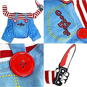 Camlinbo Halloween Costume for Pets Dogs Cats, Deadly Doll Wig Chucky Guitarist Funny Costume for Pets Puppy Small Medium Dogs Clothes Outfit Cosplay