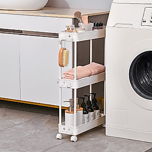 TOOLF Slim Rolling Storage Cart, 3 Tier Utility Cart on Wheels with Hooks, Bathroom Rolling Cart Organizer, Thin Mobile Shelving Unit for Laundry Kitchen Dorm for Nursery Diaper Craft Snack, White