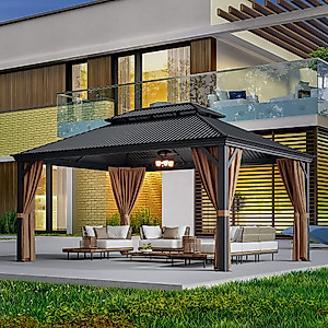 Greesum 12'x16' Hardtop Metal Gazebo, Outdoor Galvanized Steel Double Roof Canopy, Aluminum Frame Permanent Pavilion with Netting and Curtains for Lawns, Patio, Backyard and Deck
