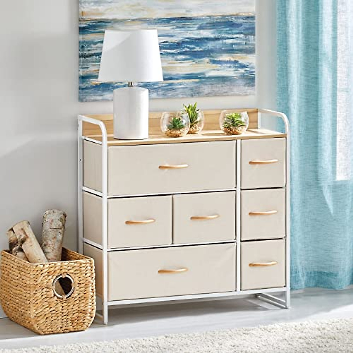 mDesign 30.9" High Steel Frame/Wood Top Storage Dresser Furniture Unit with 7 Removable Fabric Drawers - Large Bureau Organizer for Bedroom, Living Room, Closet - Cream/White