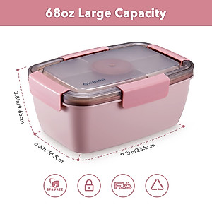GiFBERA Large Salad Lunch Container - 68 oz Salad Bowl with 5 Compartments Bento-Style Tray, 2 pieces Salad Dressing Containers To Go, Leak-Proof & BPA-Free (Pink)