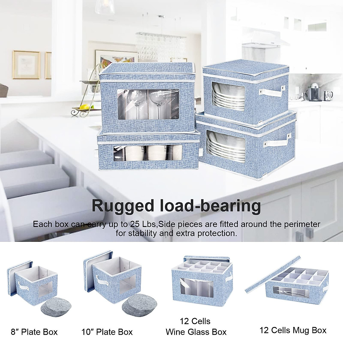 China Storage Containers,Wine Glass Mug Plate Dish Stemware Storage Box with Dividers,Hard Shell Dinnerware Case with 24 Felt Protectors for Crystal Glassware,Coffee Cup,Bowl Packing & Moving (Blue)