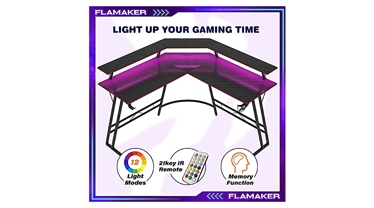 Flamaker Gaming Desk with LED Lights & Power Outlets - Ergonomic L ...