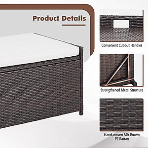 HAPPYGRILL 34 Gallon Patio Storage Bench Deck Box, 3-in-1 Rattan Wicker Storage Box with Seat Cushion & Zippered Protective Liner, Effort-Saving Gas Strut