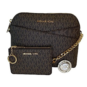Michael Kors MICHAEL Michael Kors Jet Set Travel MD Dome XCross Crossbody bundled with SM TZ Coinpouch Purse Hook (Signature MK Brown)