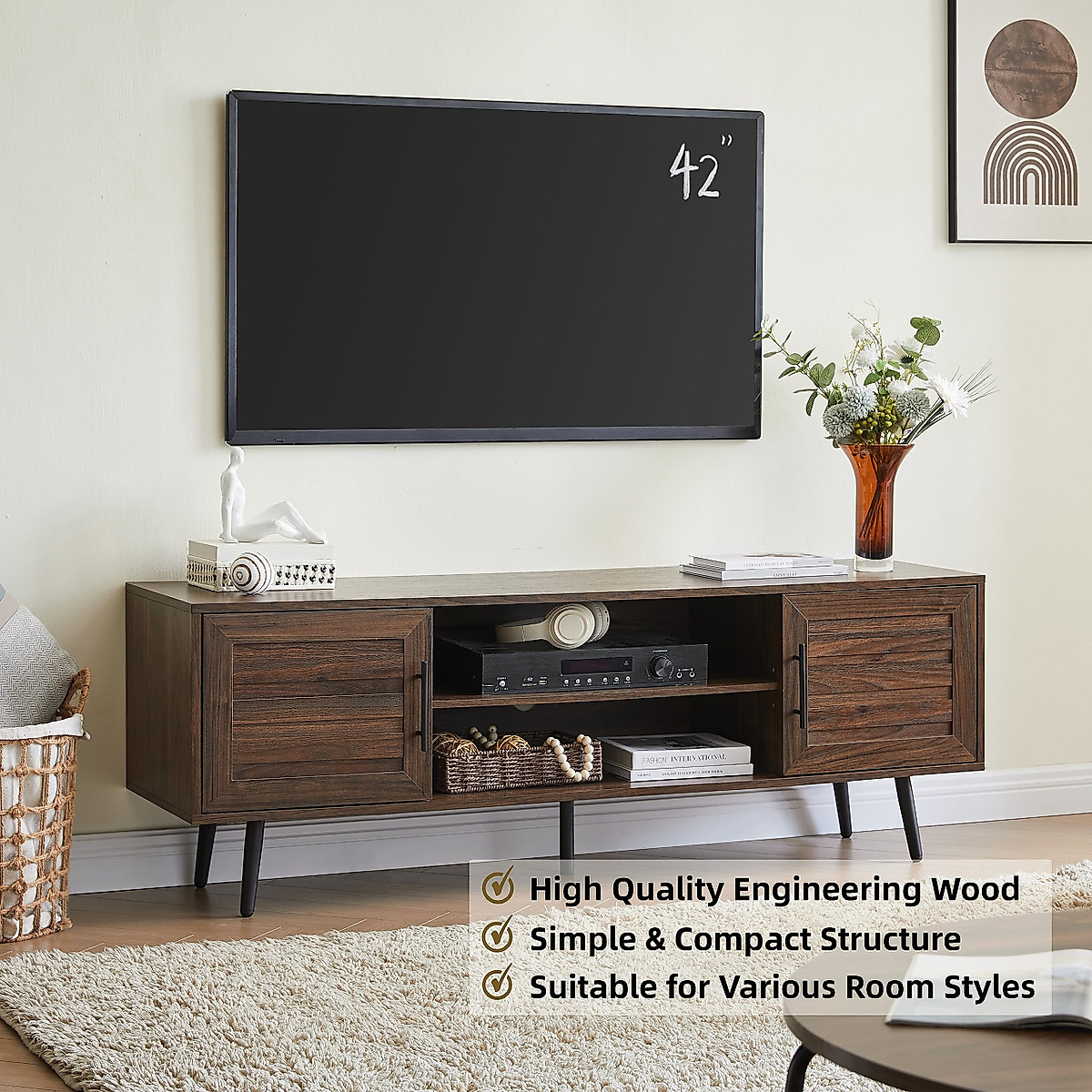 EDYO LIVING 65" Mid Century Modern TV Stand, Wood TV Stand with Storage Cabinet and Open Shelf for Televisions up to 65", Entertainment Center, TV Console Table for Living Room, Dark Walnut