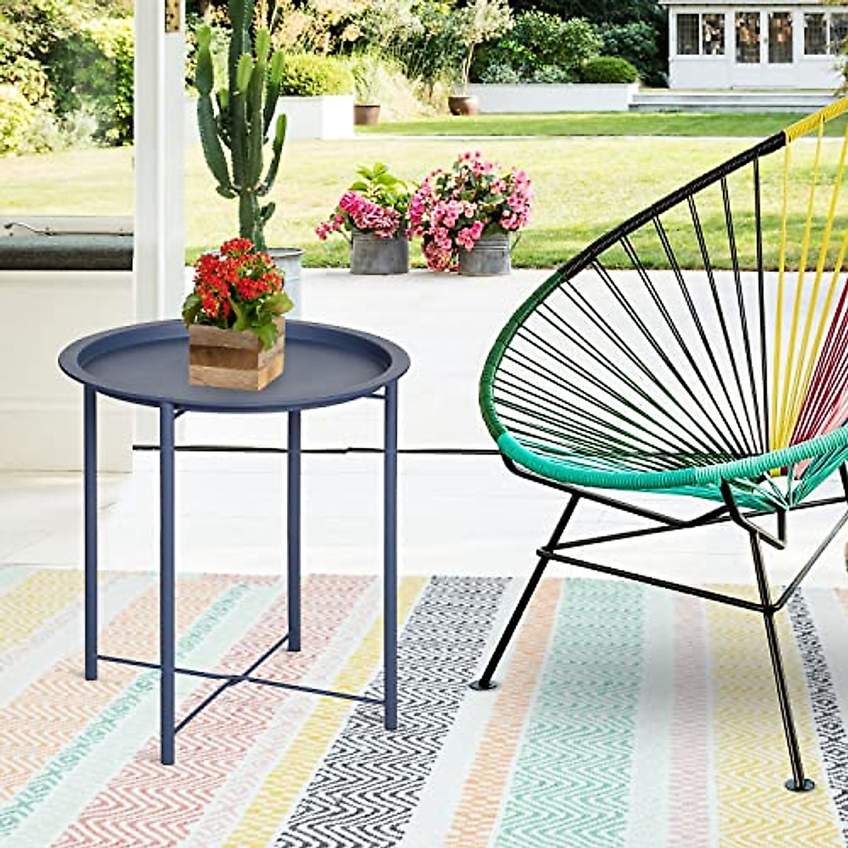 VECELO Modern End Side Tables,Round Metal Foldable Tray,Stable Snack Nightstand for Outdoors,Small Space,Living Room and Balcony, Blue, 18.5 in x 18.5 in x 19.7 in