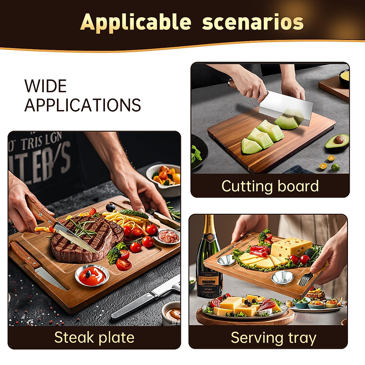 MAVOTER 2 PCS Acacia Wooden Steak Board - 15 Inches Steak Cutting Plate Board with Fork, Knife and Ramekins (2 set)