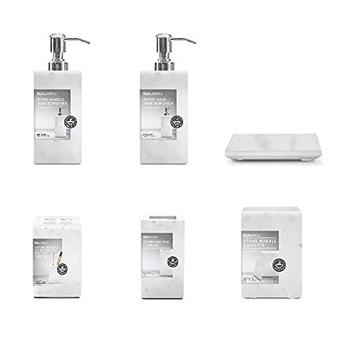 Real Simple Bathroom Accessory Set | Complete 6 Piece Bathroom Decor l Soap Dispenser, Cotton Ball Holder, Soap Dish, Toothbrush Holder & More (White Marble)