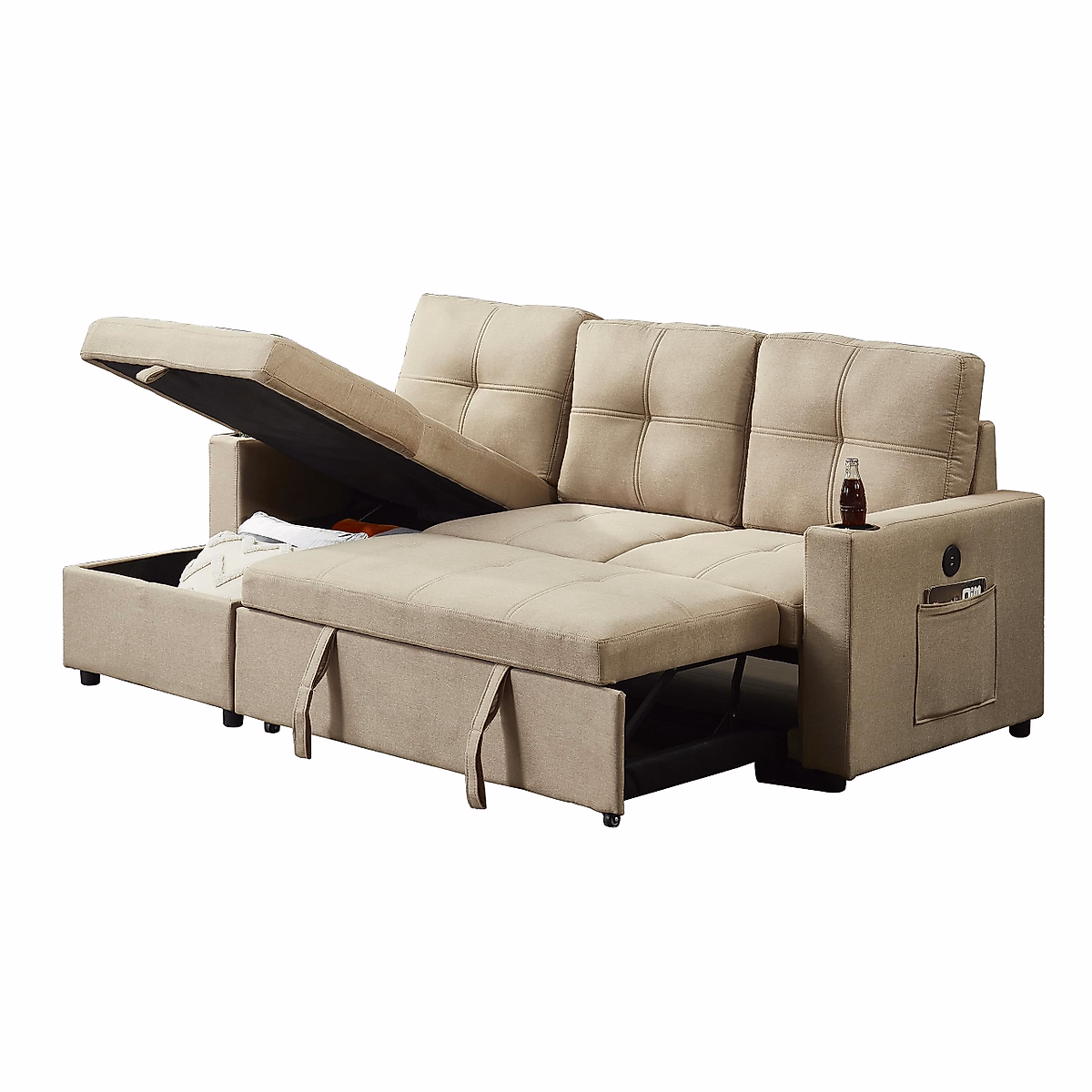 Bonrcea Pull Out Sleeper Sofa,L-Shaped Reversible Sleeper Sectional Sofa Bed with Storage Chaise for Living Room (Light.Brown)