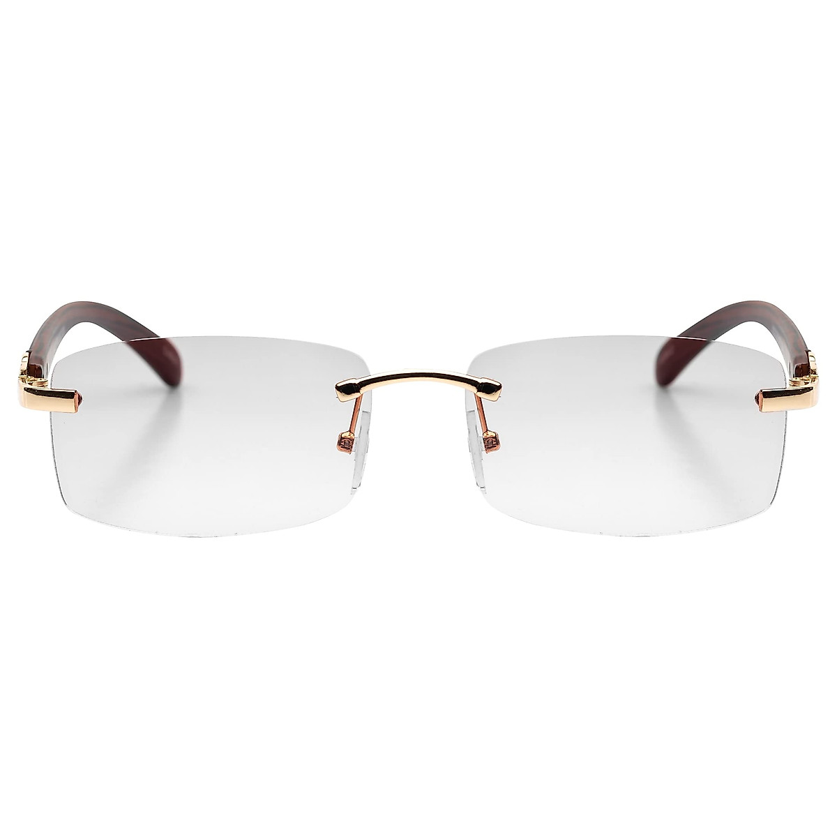 Elite Slim Rimless Rectangular Metal & Wood Art Aviator Sunglasses (Cherry Gold Clear)