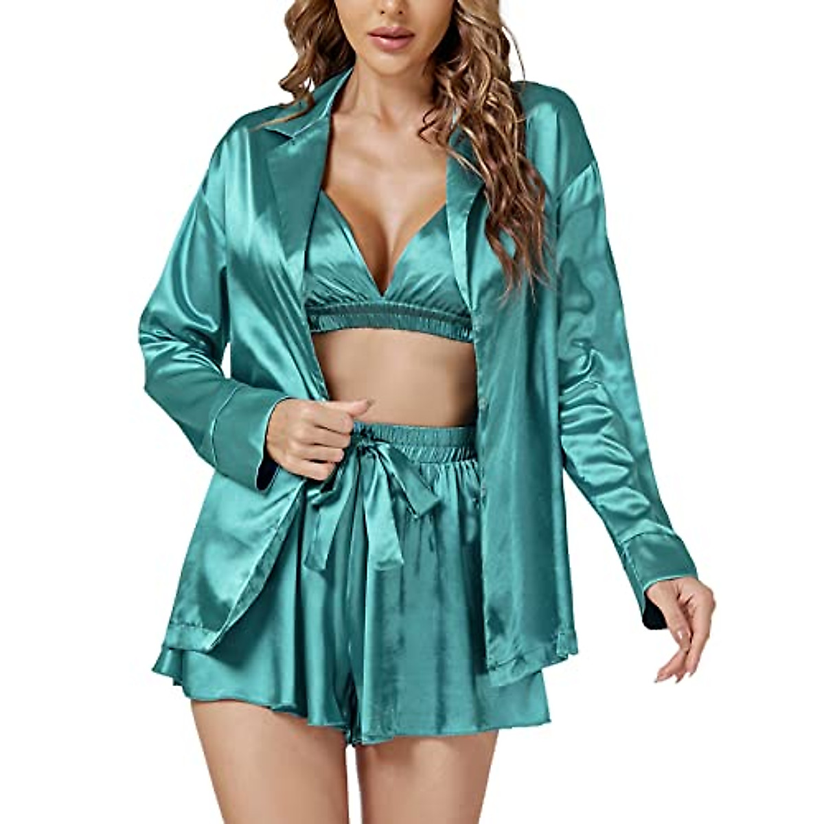 LYANER Women’s 3 Pieces Satin Cami Shorts Pajamas Rope Set Crop Sleepwear Lingerie Loungewear Set Turquoise Medium