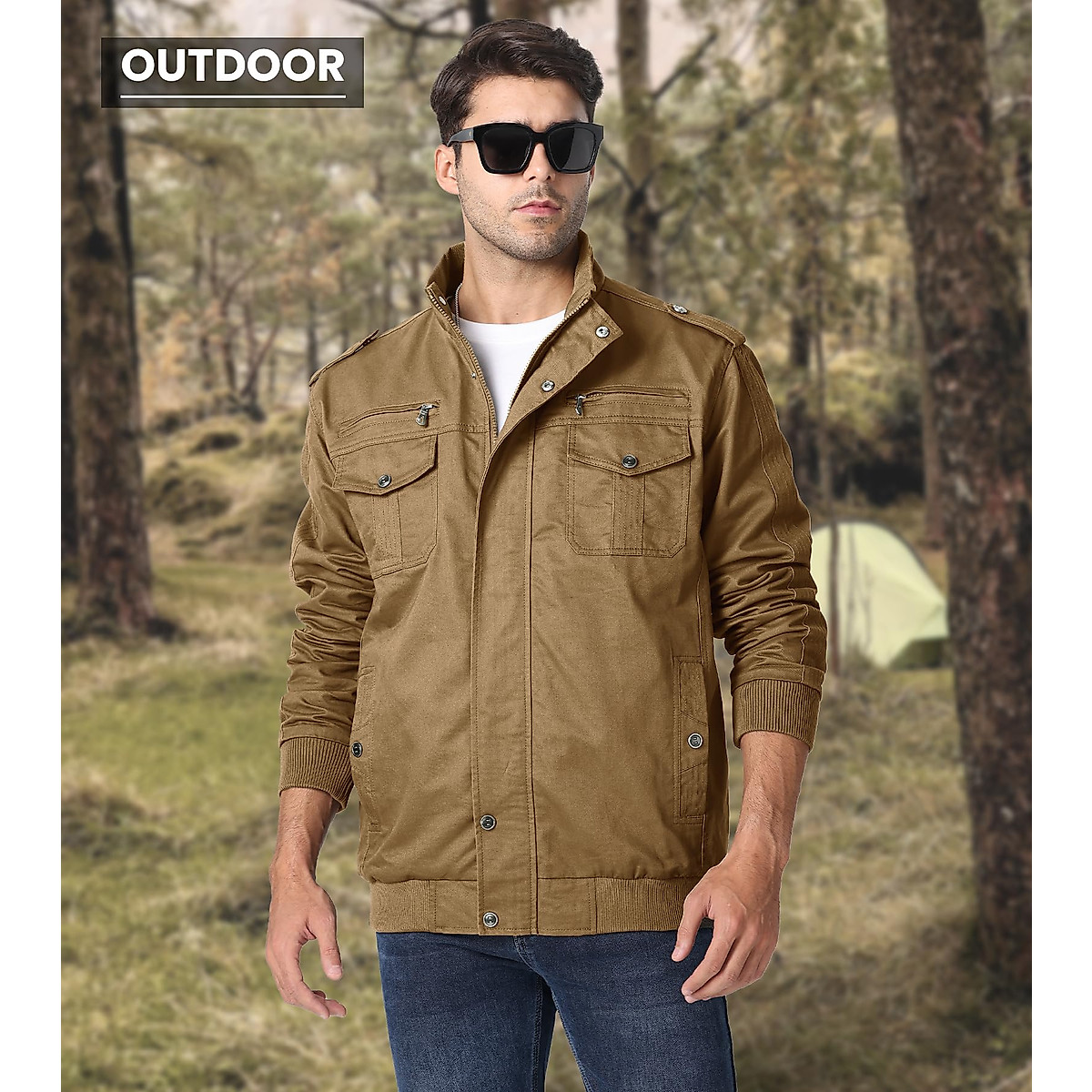 EKLENTSON Mens Cargo Jackets Men Military Windbreaker Cotton Jacket Mens Winter Bomber Jacket Khaki 2XL