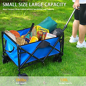 HHXRISE Collapsible Folding Wagon, Beach Cart with Wheels Foldable, Utility Heavy Duty Wagon with Portable, Large Capacity, Adjustable Handle, Side Pockets for Camping, Shopping, Garden, Picnic - Blue