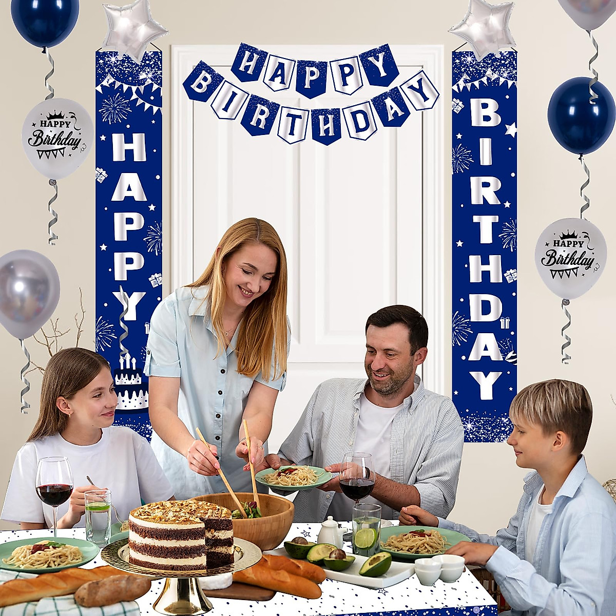 Birthday Decorations for Men Women,Navy Blue Happy Birthday Door Banner,Birthday Backdrop Banner Decoration,Birthday Porch Sign with Latex Balloons,Tablecloth,Birthday Party Supplies for Boys Girls