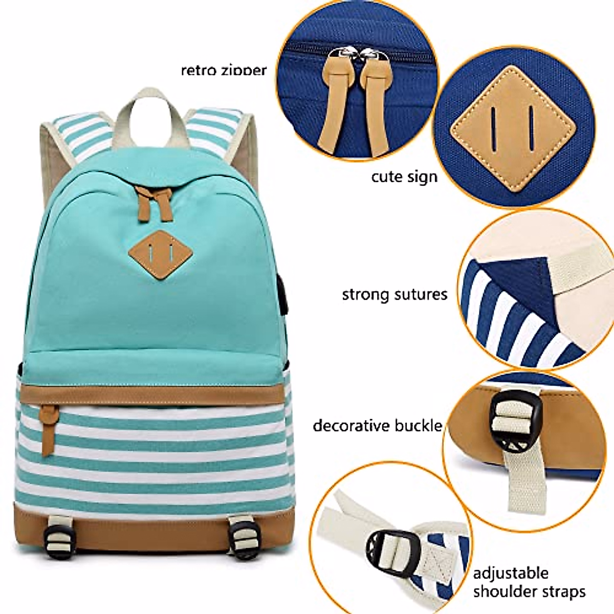 Sqodok Backpack for Teen Girls, Cute Casual Backpack with USB Charging Port, Lightweight Bookbag 15.6'' Laptop Backpack for Middle School High School, Green