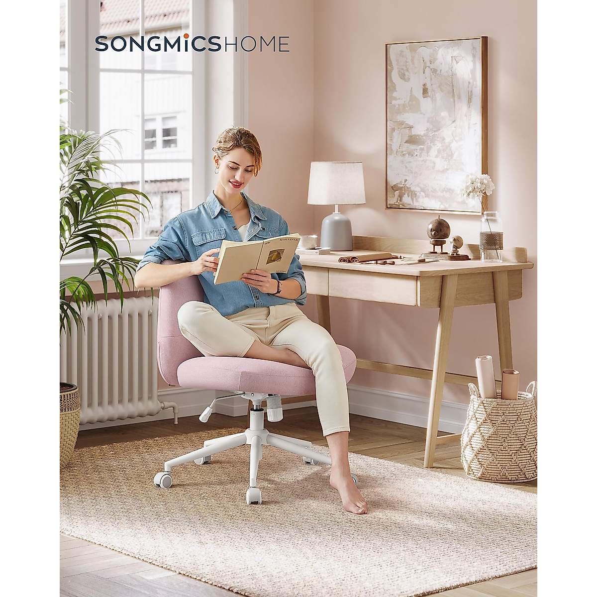 SONGMICS HOME Criss Cross Chair with Wheels, Armless Cross Legged Office Desk Chair, Wide Comfortable Adjustable Swivel Vanity Chair for Home Office, Cotton-Linen Fabric, Jelly Pink UOBG047R03