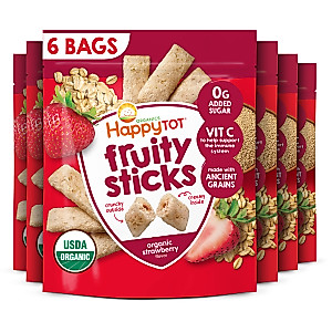 HAPPYTOT Organics Fruity Sticks, Oat & Fruit Filled Grain Sticks, Strawberry, Organic Toddler Snack, 2.5 Ounce Bag (Pack of 6)