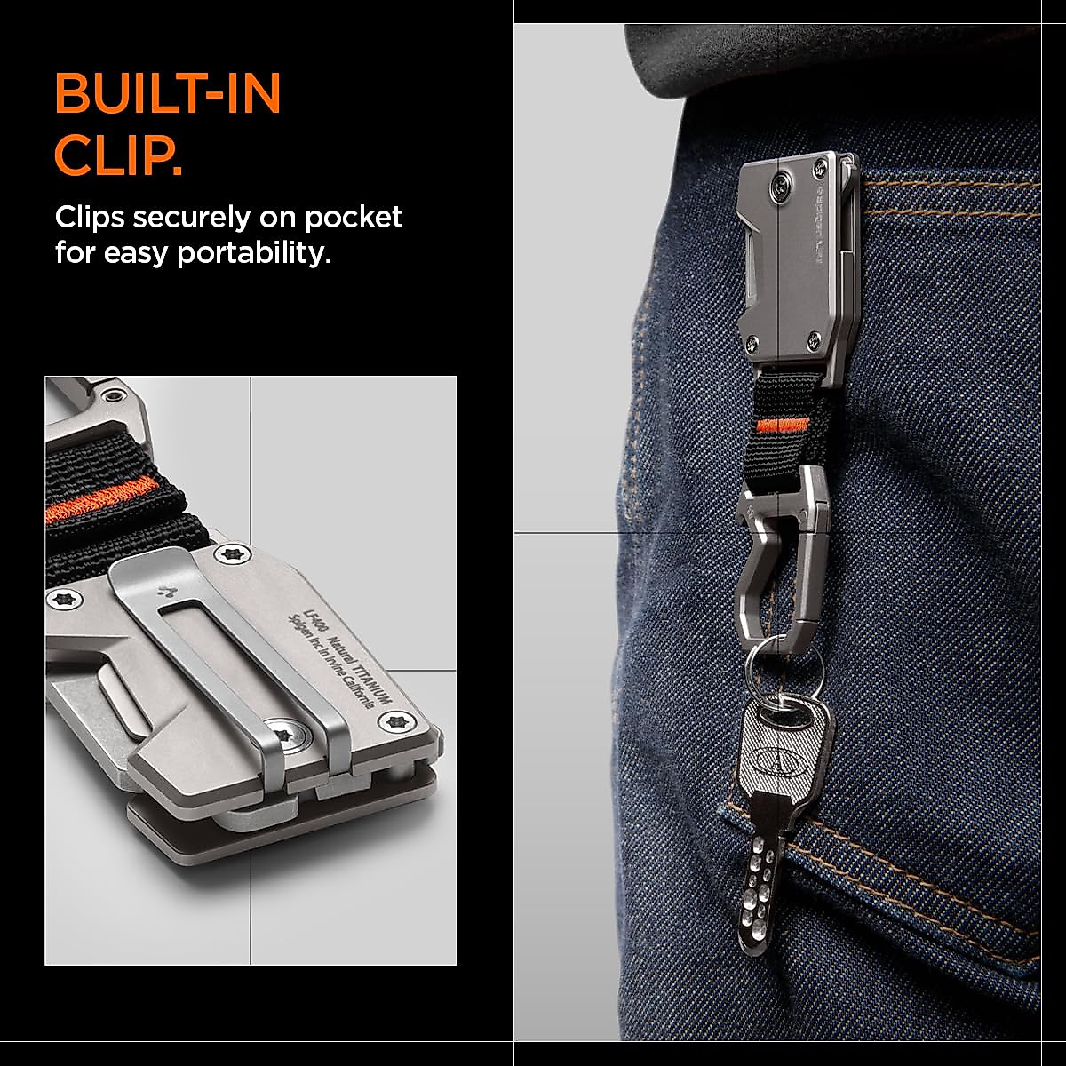 Spigen Life Titanium Keychain Pocket Knife with Carabiner, Key Clip, Keychain Clip Folding Knife, Everyday Carry EDC Gear Gadget and Equipment Bottle Opener - Gunmetal