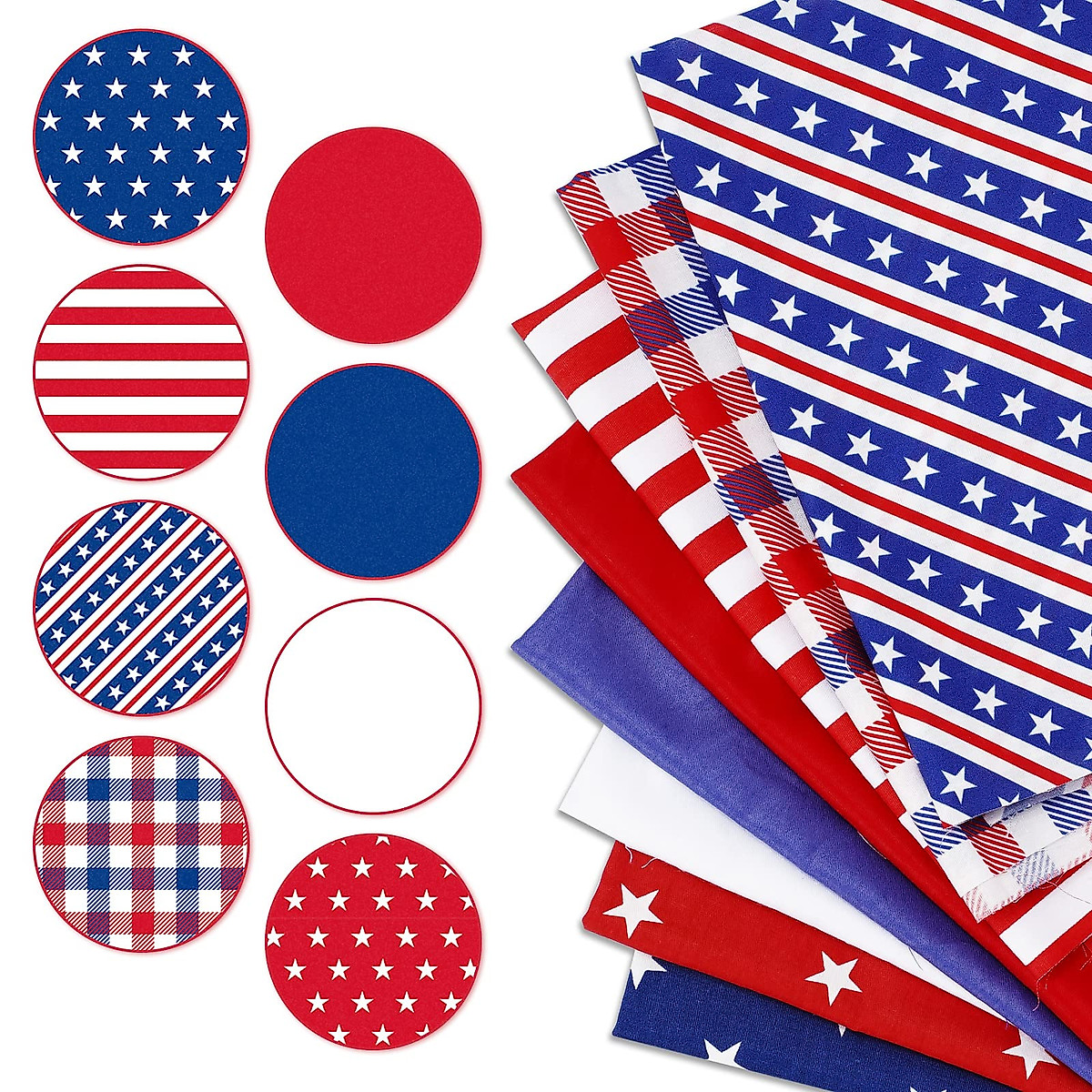 Whaline 8Pcs Patriotic Cotton Fabric Bundles Red Blue White Star Stripe Fat Quarters 4th of July Quilting Patchwork for Independence Day DIY Handmade Craft Party Decor, 10 x 10 Inch