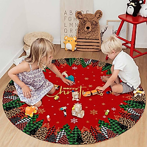 Christmas Round Area Rug 4ft Buffalo Plaid Christmas Trees Floor Carpets Washable Indoor Floor Area Mat Stain-Proof Mat Non-Skid Rugs for Living Room Dining Kitchen Bedroom Nursery, Snowflake