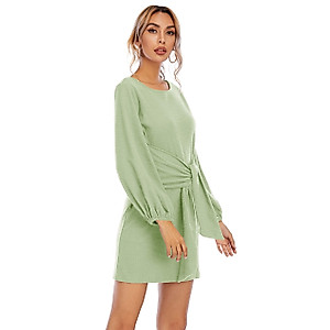 R.Vivimos Women's Autumn Winter Cotton Long Sleeves Elegant Knitted Bodycon Tie Waist Sweater Pencil Dress (XL, Light Green)