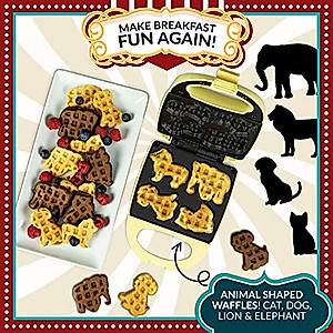 Nostalgia MyMini Personal Electric Animal Circus Waffle Maker, Waffle Iron makes Cat, Dog, Elephant, Lion, Yellow