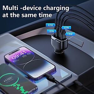 SUNDAREE Super Fast Car Charger, 60W USB Car Charger Multiport, USB C Cigarette Charger Compatible with iPhone 15 Pro Max Plus/14/13/12/11/X iPad Air/Mini 3 Samsung Note 9/S10/S9 and More
