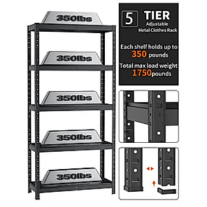 5-Tier Adjustable Metal Storage Shelves,Heavy Duty 1750 lbs Capacity Shelving,Waterproof Rust-Resistant Tool-Free Assembly Multi-Functional Garage Shelves Utility Shelf Rack 15.75"Dx31.5"Wx72"H