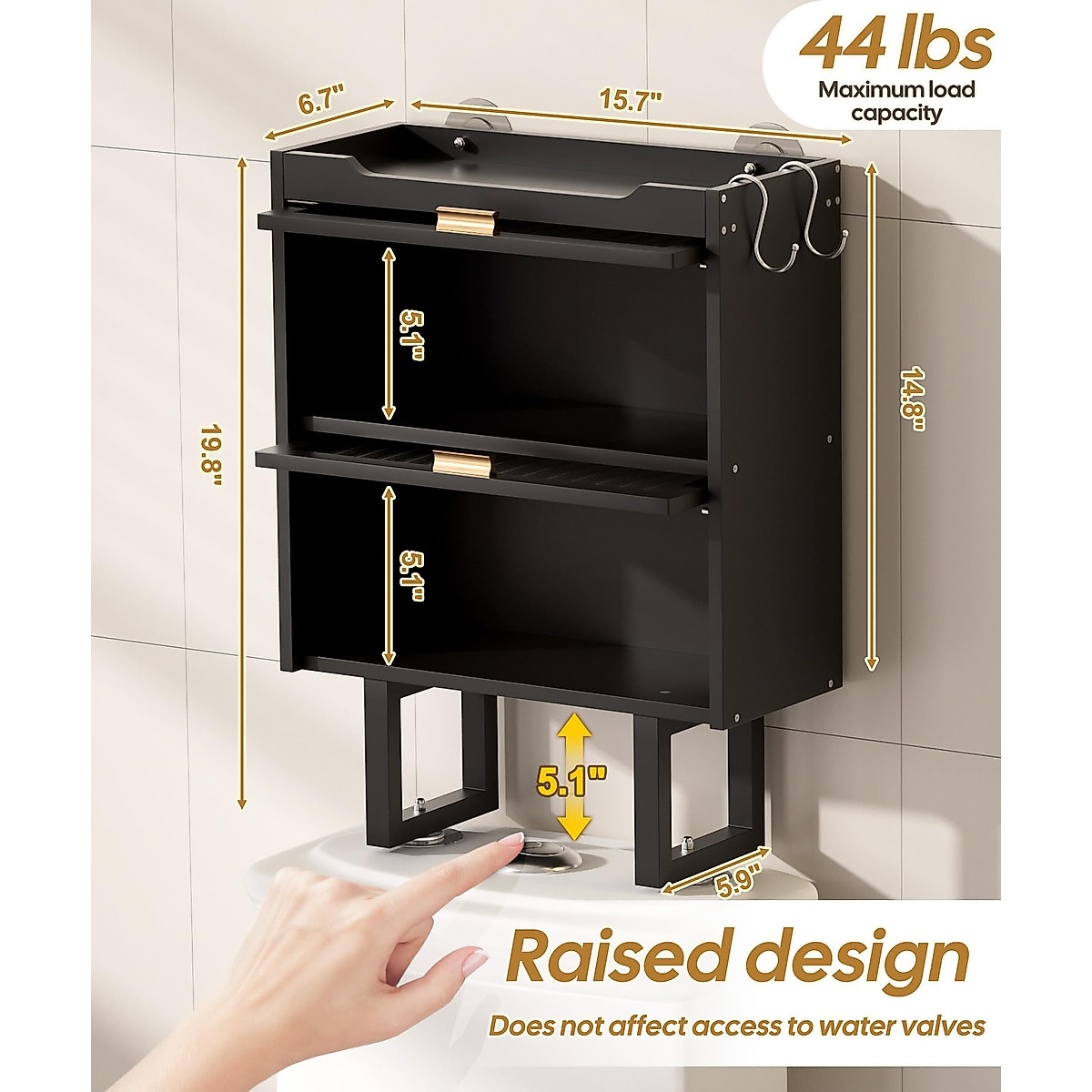 Cozivolife Over The Toilet Storage Cabinet,Bamboo Bathroom Organizer Rack with Lid and 2 Hooks,Space Saver Shelf for Bathroom,No Drilling Design Wall Mounted (Black, L)