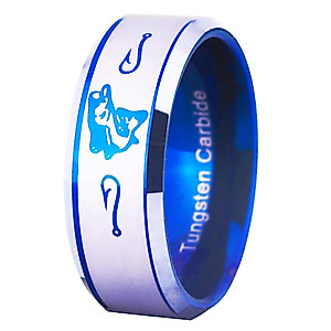 CLOUD DANCER FREE Custom Engraving Blue Tungsten Wedding Bands Bass Ring Fishing Ring Fish Hooks Ring Hunting Ring (9)