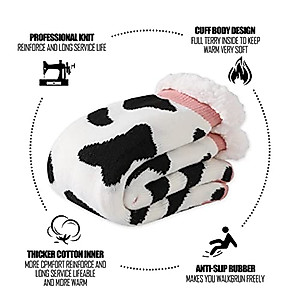 TRUEHAN Slipper Socks for Womens with Grippers Non Slip Winter Warm Fuzzy Fluffy Home Socks (White Cow)