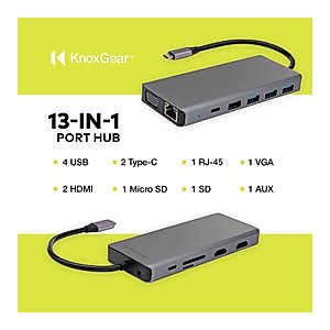 Knox Gear Kernel 13-in-1 USB-C Power Delivery Charging Port Hub, USB C Hub, 2 HDMI Ports, SD and MicroSD Card Slots, Data Transfer Rate of 5 Gbps, Multiport Adapter Compatible with Mac and PC Devices