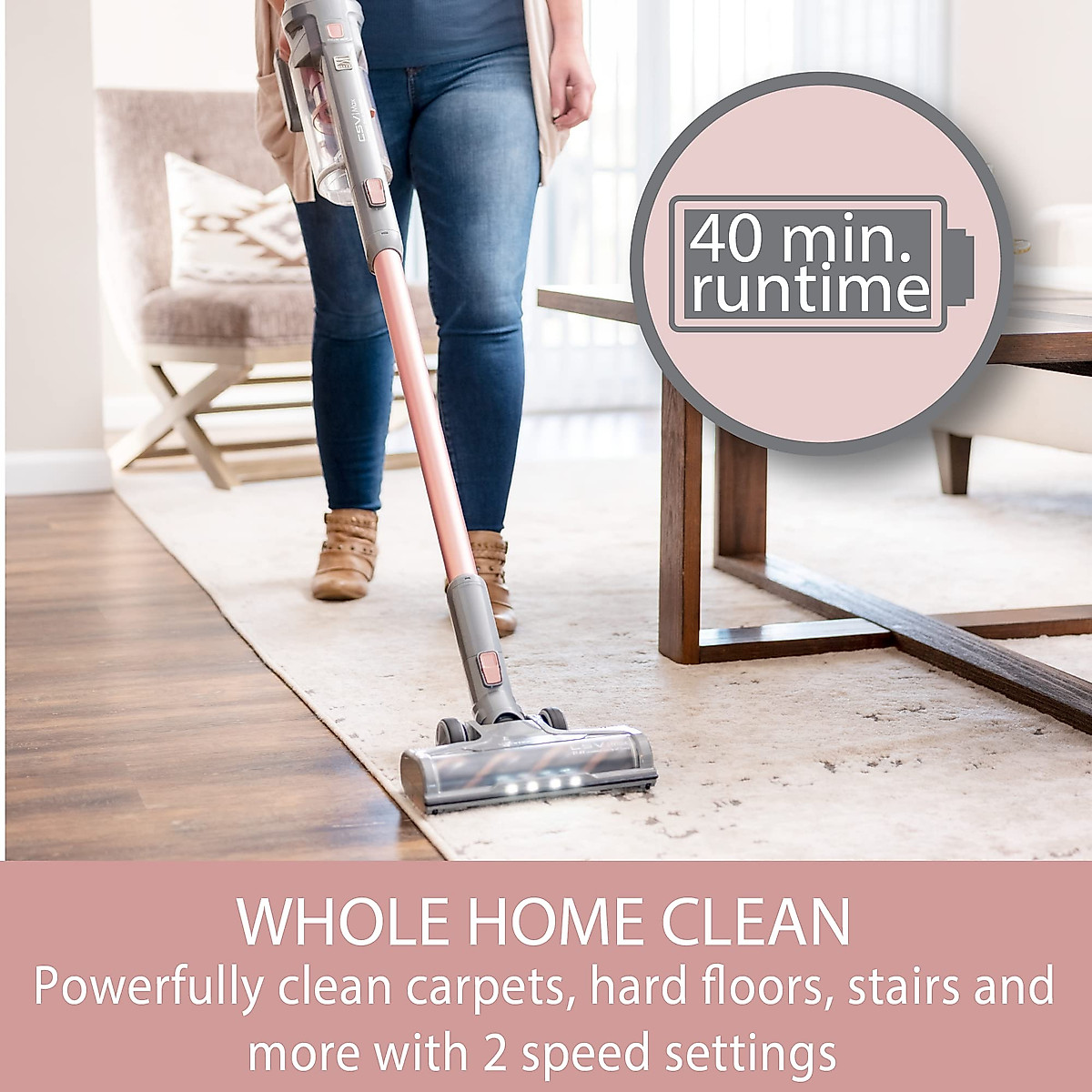 Kenmore DS4090 Brushless Cordless Stick 1L Capacity Lightweight Cleaner 2-Speed Power Suction LED Headlight 2-in-1 Handheld Vacuum for Hardwood Floor, Carpet & Pet Hair, Rose Gold