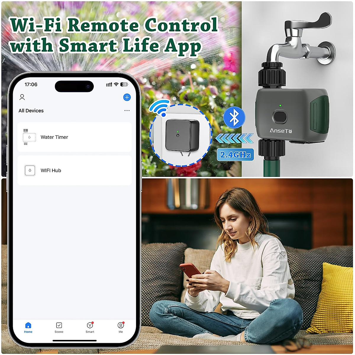 AnseTo WiFi Water Timer for Garden Irrigation System, Hose Timer for Lawn Watering System, Sprinkler Timer Compatible with Alexa and Google Home, with WiFi-Hub Remote Control and 2 Watering Modes