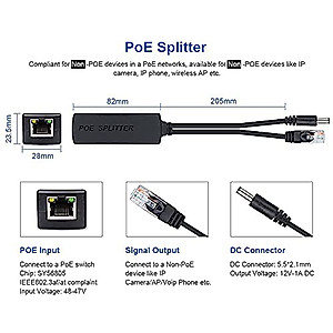 10Gtek 1.25G PoE Splitter Cable, 10/100/1000Mbps, 802.3af/at, 48V to 12V, 100 Meters Link