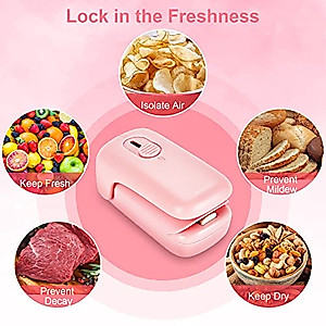 Mini Bag Sealer, Kenossion Chip Bag Sealer - Bag Sealer Heat Seal with Cutter & Magnet, Portable Mini Sealing Machine to Reseal Plastic Bags & Keep Snacks Fresh-Pink (2xAA Batteries Included)