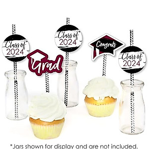Big Dot of Happiness Maroon 2024 Graduation Paper Straw Decor - Party Striped Decorative Straws - Set of 24