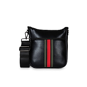 Haute Shore - Jeri Bello Crossbody Tote, Black Coated W/Olive, Black, & Red Stripe