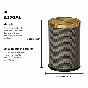 YOJIA 9L/2.4Gal Gold Trash Can with Swing Cover,Creative Shake Lid Leather Garbage Can, Garbage Can for Kitchen,Bathroom,Living Room,Office (9L-Checked Grey)