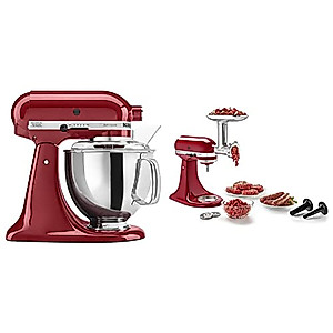 KitchenAid KSM150PSER Artisan Tilt-Head Stand Mixer with Pouring Shield, 5-Quart, Empire Red & KSMMGA Metal Food Grinder Attachment, Silver