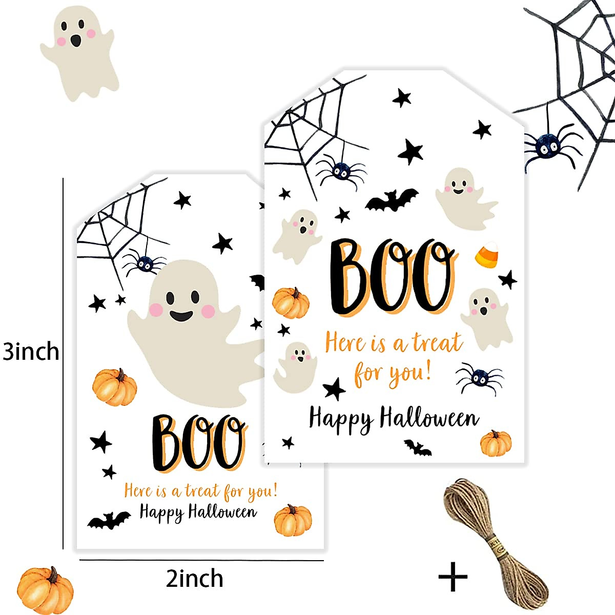 Halloween Tag Decoration 50PCS Halloween Ghost Tag with Jute String Trick or Treat Happy Boo Day for Halloween Party Gift Wrapping Candy Bag Decoration