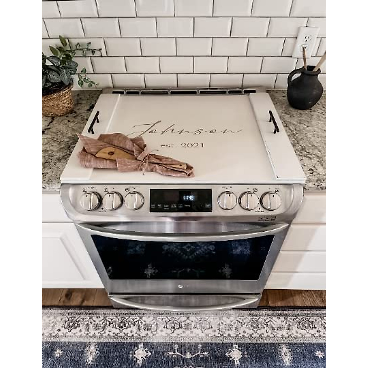 Josephine Thomas Home Personalized Noodle Board Last Name + Est Date in Soft Ivory, Lightly Distressed, Stove Cover